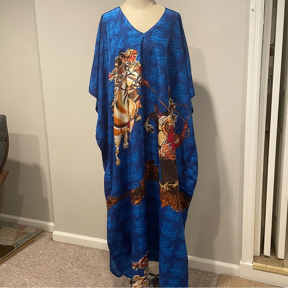 Glamour Royal Blue Asian Warrior Print Caftan Osfm - Gem